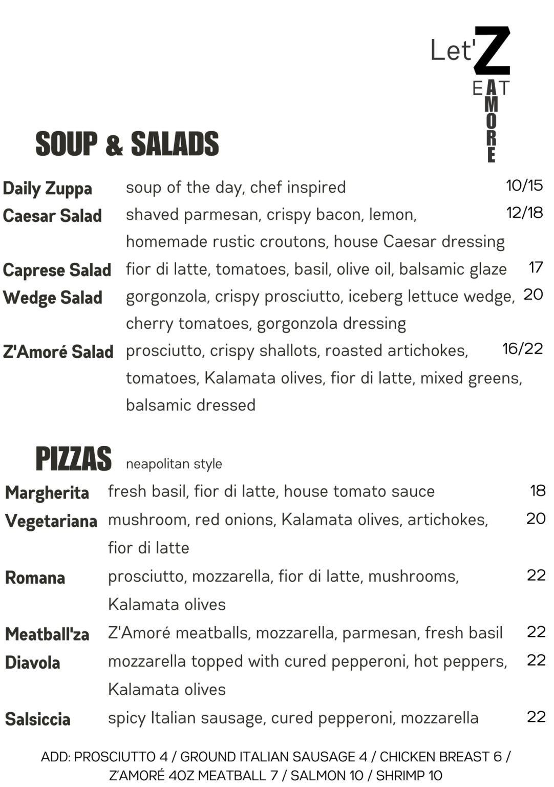 Z'Amore Menu - Z'Amoré